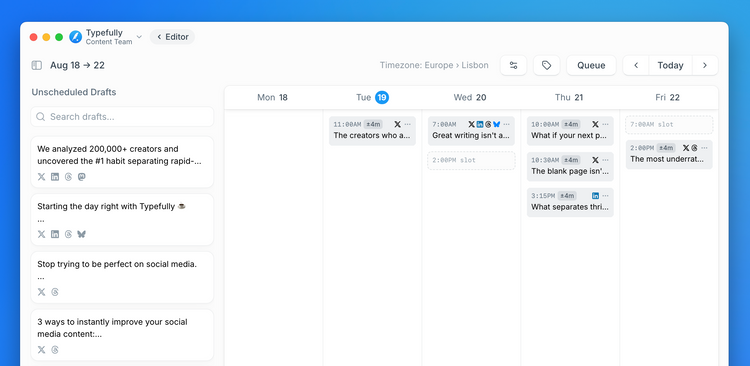 Enhanced Calendar with Drafts Sidebar & Queue View | Typefully Changelog